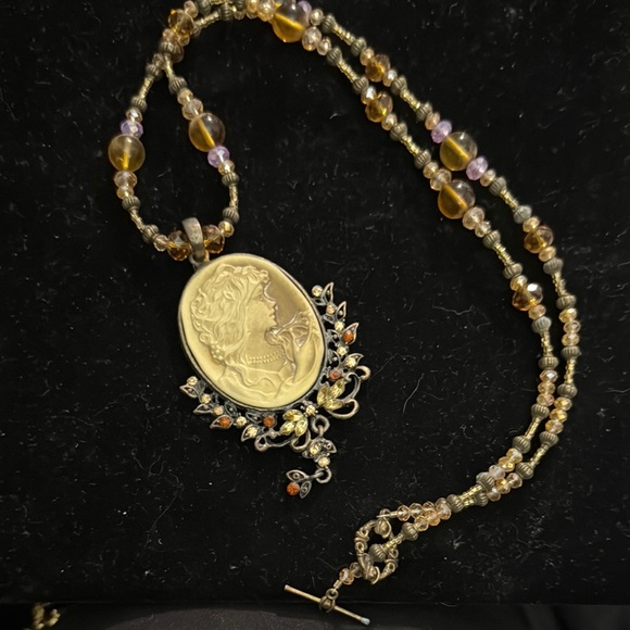 Jewelry | Vintage Cameo Type Pendant Necklace With Beaded Chain | Poshmark